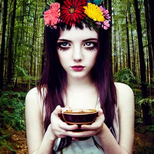 Beautiful Emo girl with cup art, brown eyes, flowers... | OpenArt
