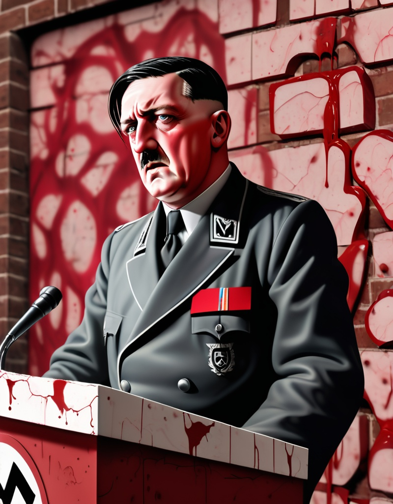 Adolf hitler standing at a podium with a brick wall...