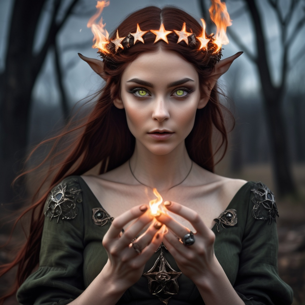 Elven women moving fire telepathically with her hand...