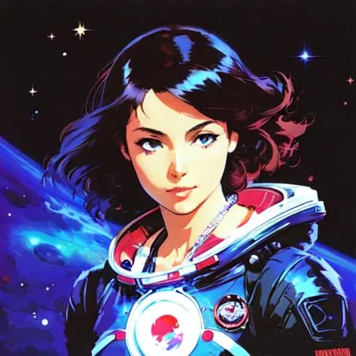 young adult girl in space, digital art, planets, sta...