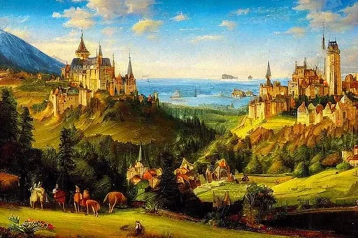 realistic medieval oil painting of beautiful scenery