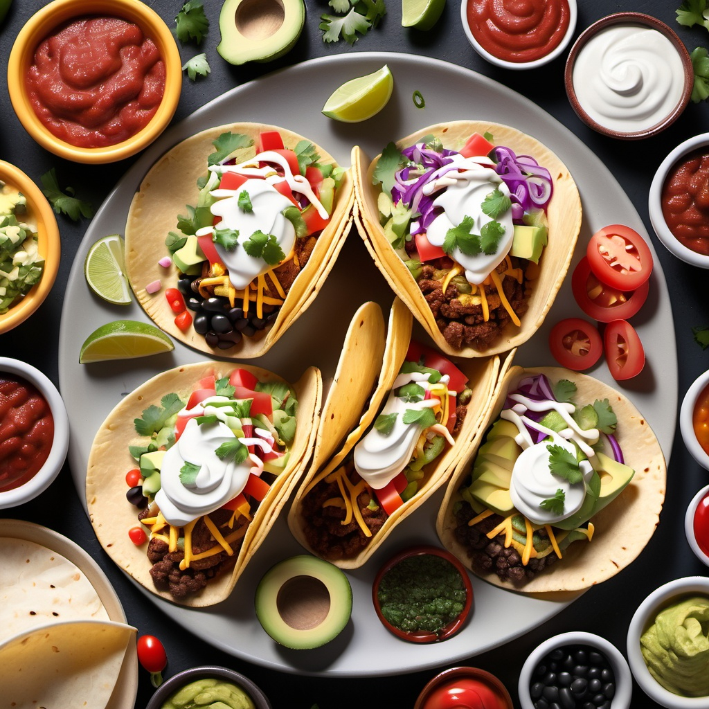 Realistic photo of a colorful taco platter with vari...