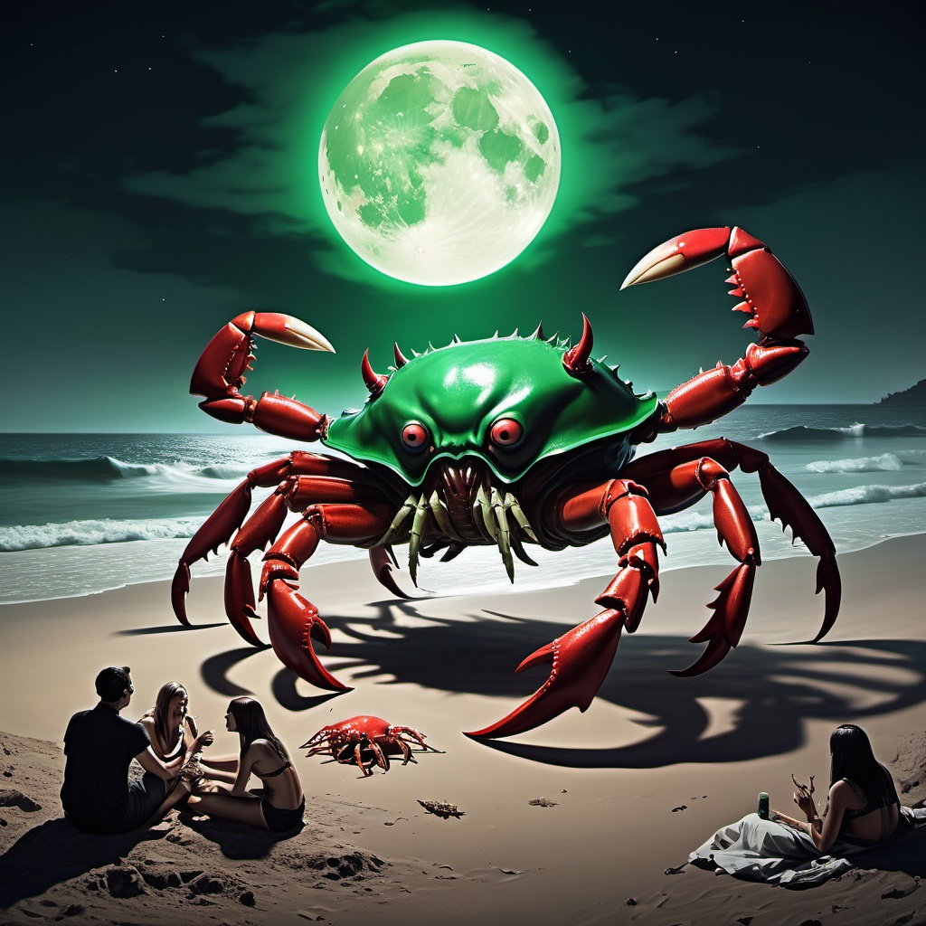 Giant lovecraftian crab devouring people under a ful...