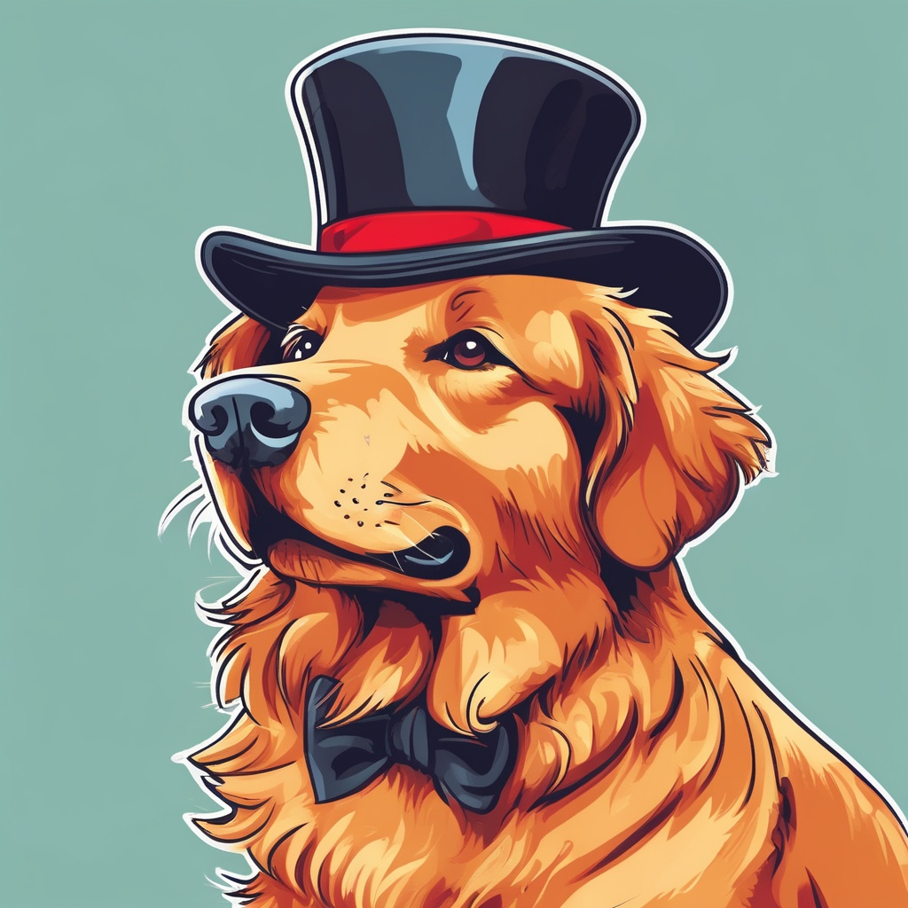 Red Golden retriever wearing a top hat and a monical...