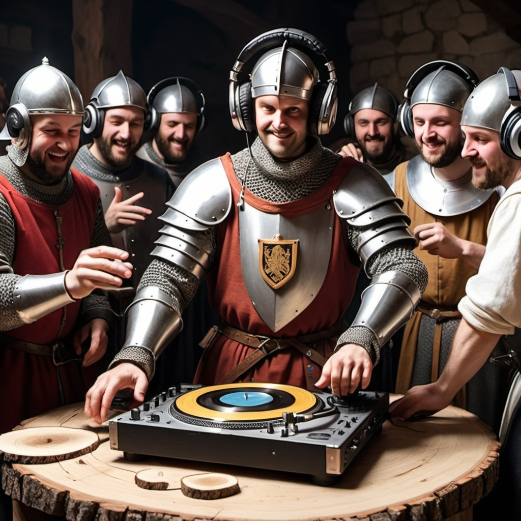 a medieval knight with DJ headphones on , Scratching...
