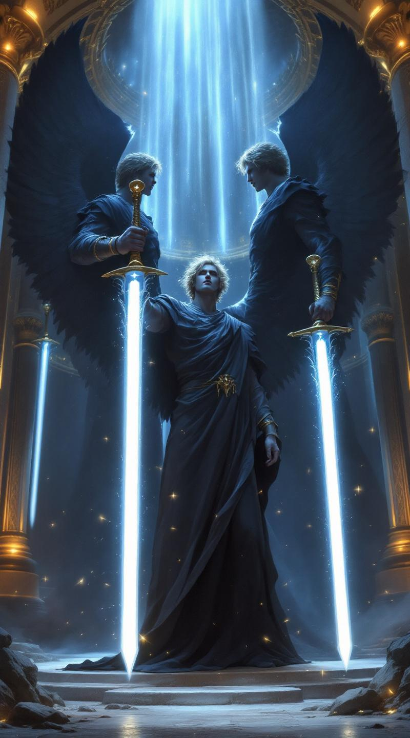 Three colossal male angels with dark wings and majes...