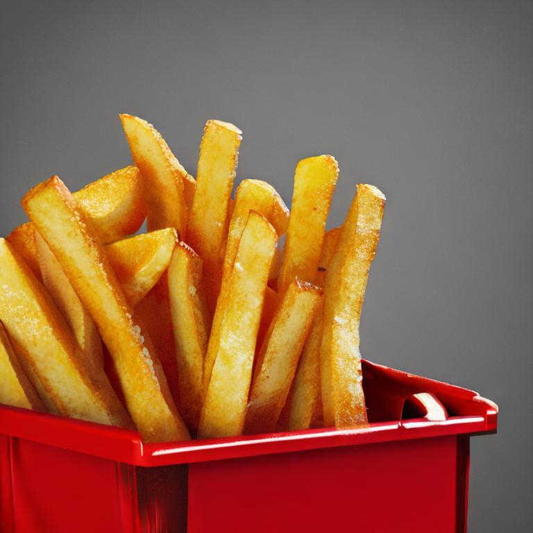 Close up photo of french fries in red trash, digital... | OpenArt