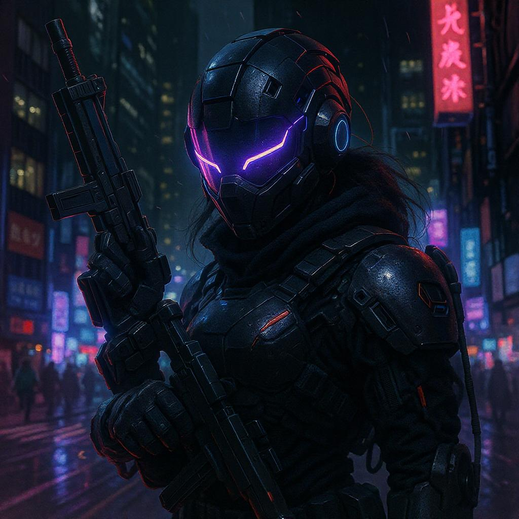 Battle-ready female hacker with tech helmet, Tokyo a...