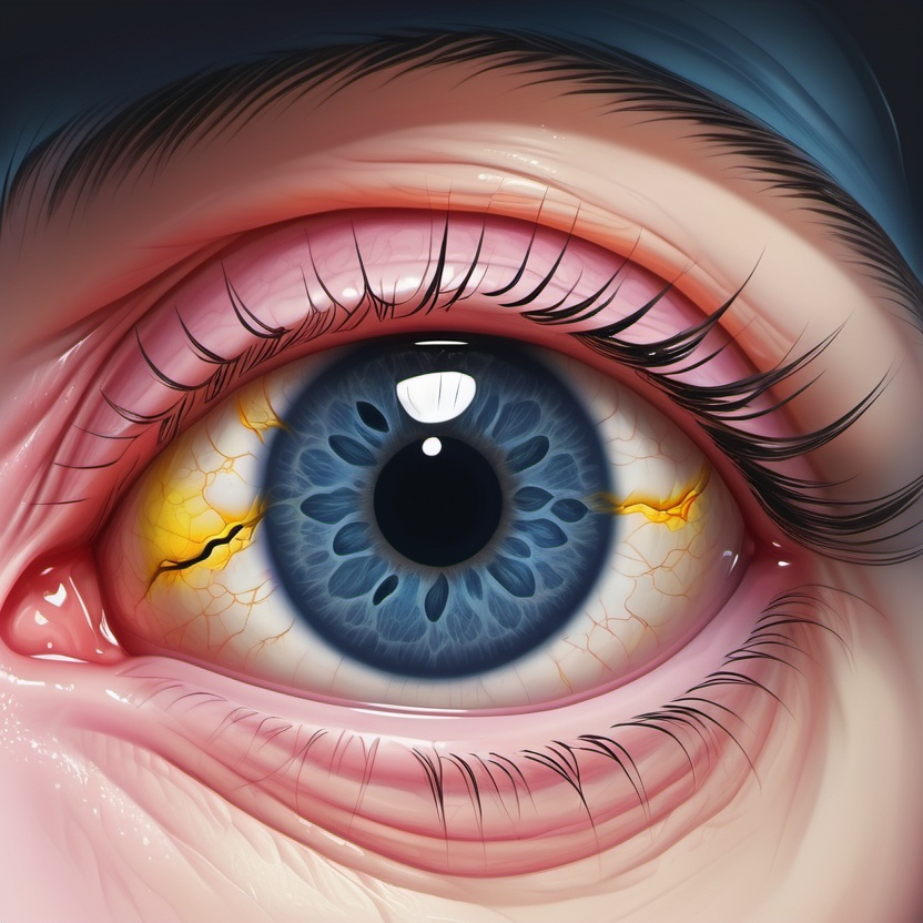 Conjunctivitis-eye with yellow crust and ooze. Pink...