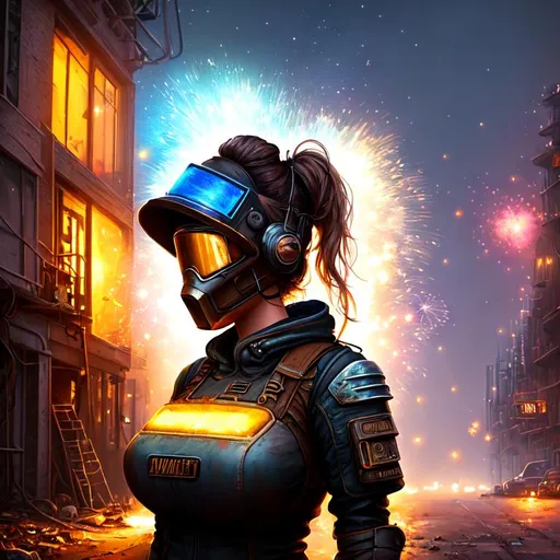 bust painting of a woman, welding, nighttime, post a...