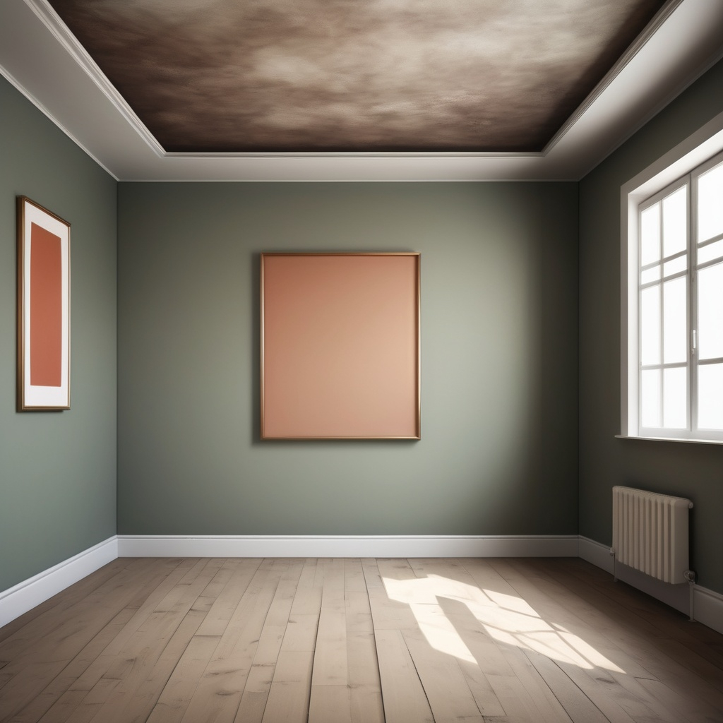 Create a image of a single room with 3 walls a floor...