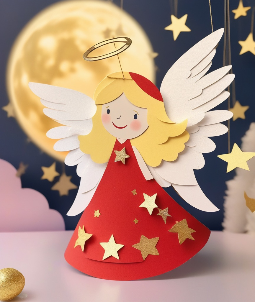A whimsical paper craft angel with a joyful face, go...