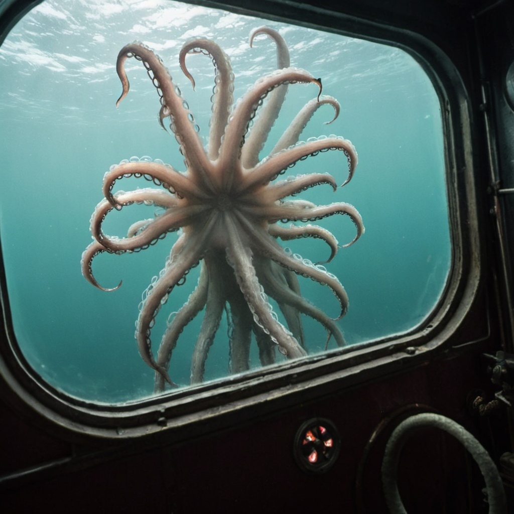 View from submarine window being attacked by squid t...