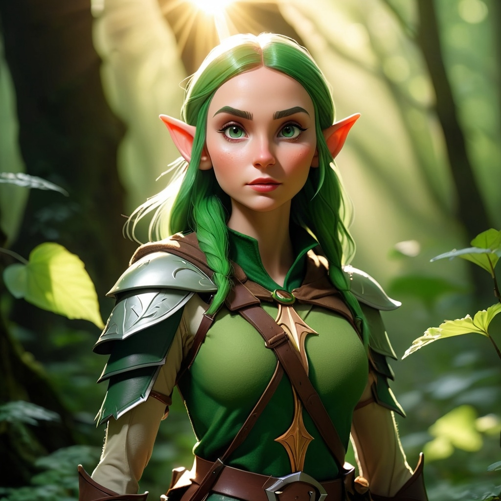 Elf ranger in a mystical forest around sunlight