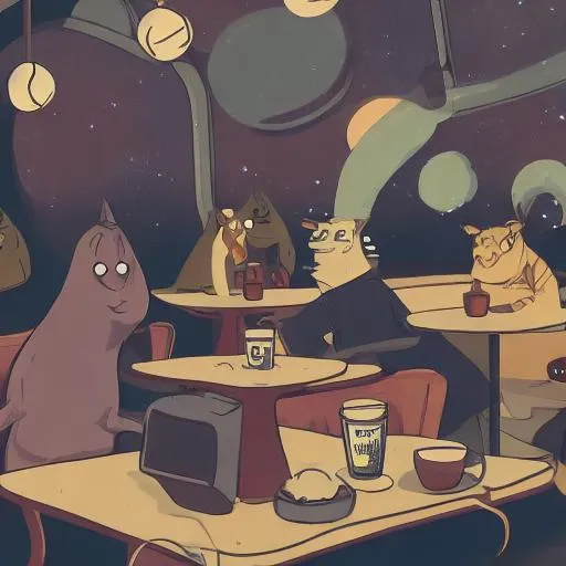 a lot of different animated creatures drinking coffe... | OpenArt