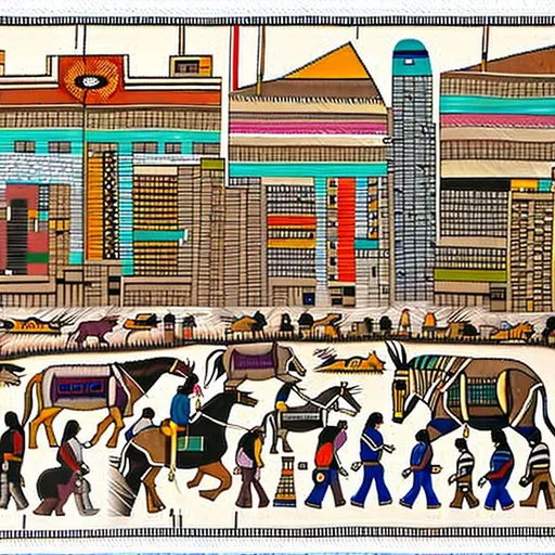 Native American ledger art of Native Americans in a...