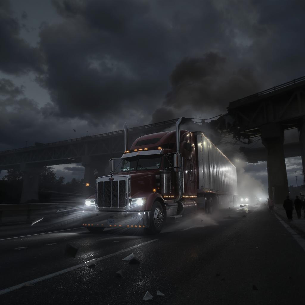 The semi drives and hits with its trailer the bridge...