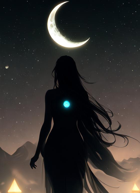 moon goddess, dark hair, illustration, artstation, d...