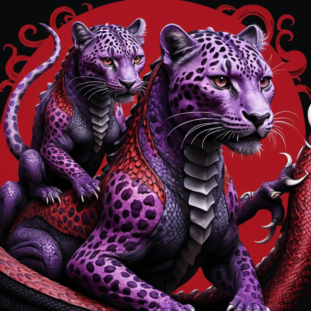 two purple leopards ridding a black and red dragon d...