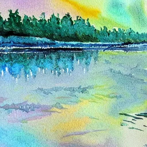 water colour, mystic large river bank on the left....
