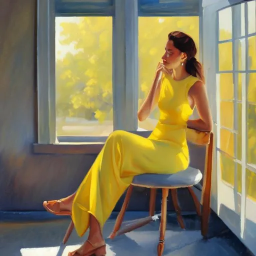woman in yellow dress sitting on chair facing window...