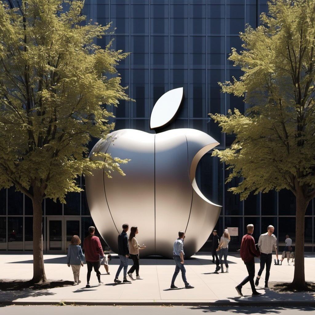 Behind the building, there is an apple, and there ar...