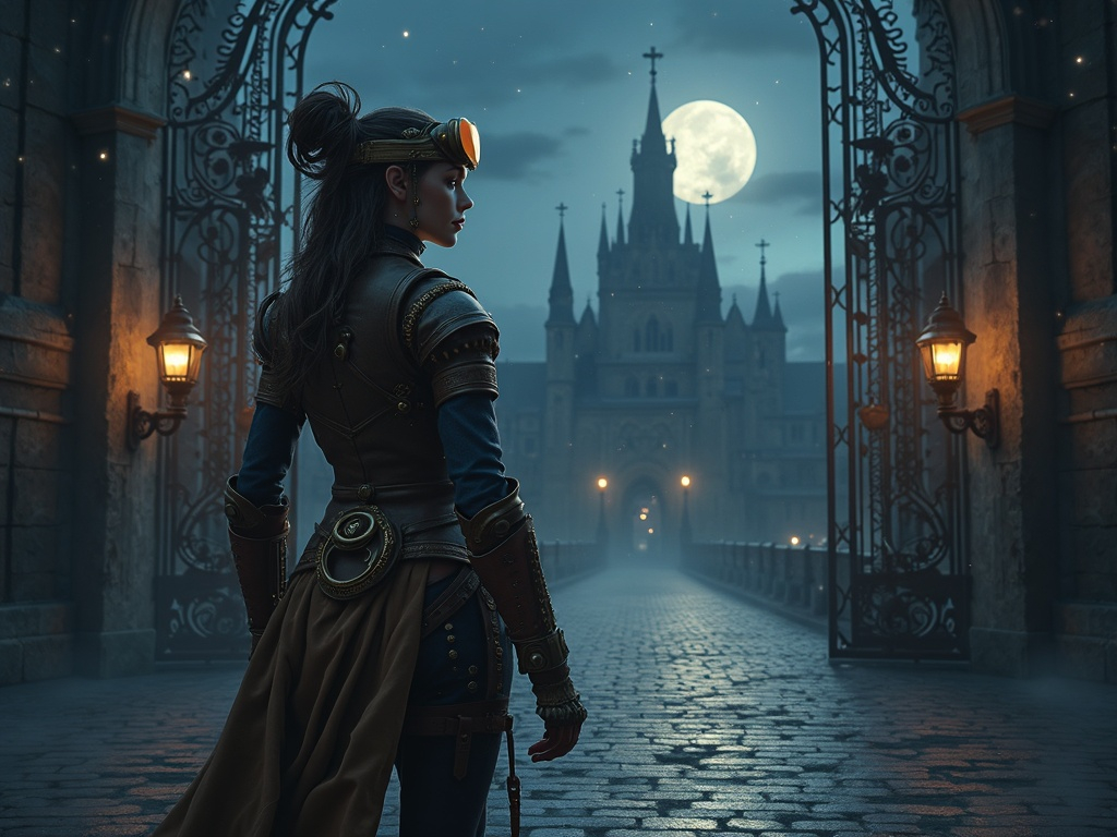 Envision a high-quality painting of a steampunk gate...