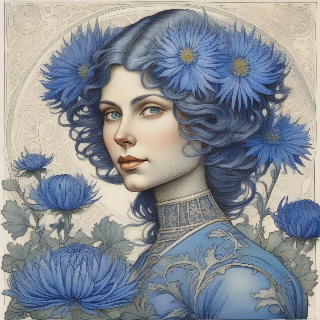 portrait of a beautiful woman with blue asters, intr...