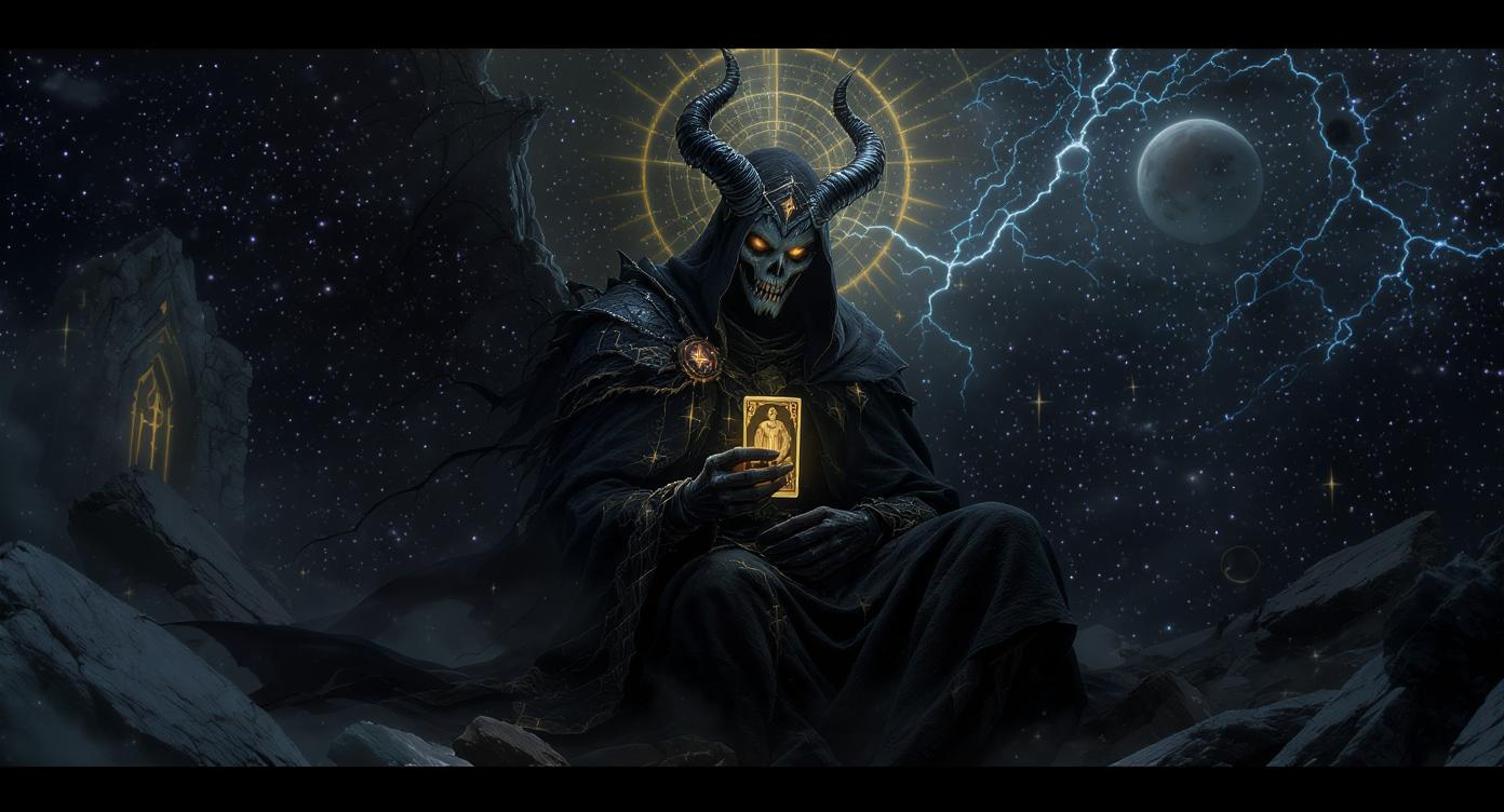 "A mysterious archon with a pale human face, eyes gl...