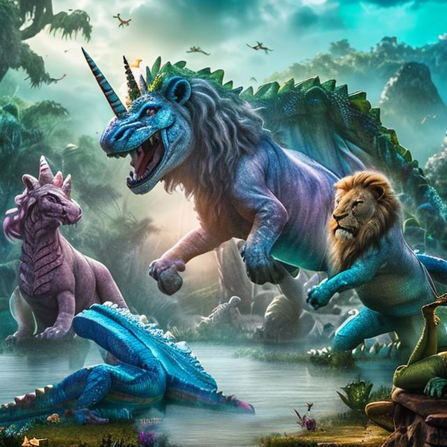 Unicorns vs lions in a waterland glade with a giant... | OpenArt