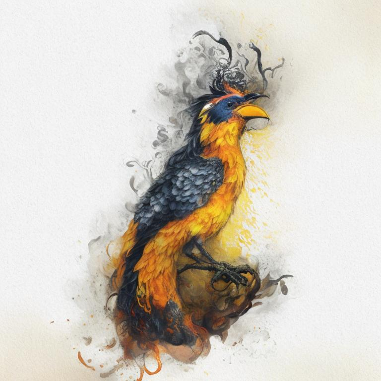 orange bird, phoenix, side view bird, fiery, flames,...