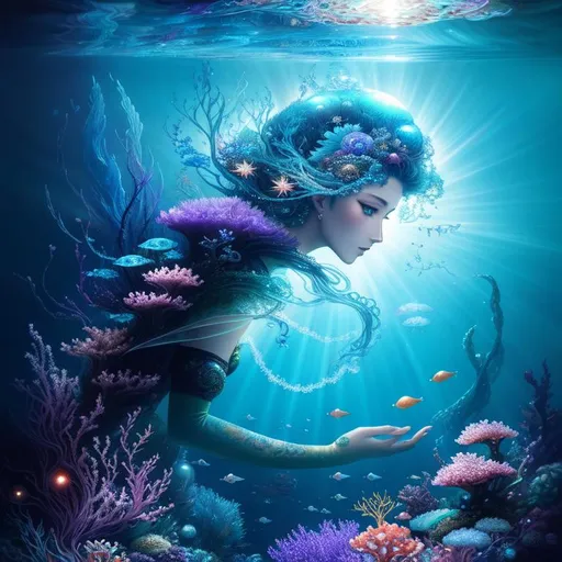 painting of a water spirit, deep ocean, seaweed, an... | OpenArt