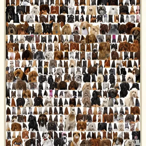 Poster containing 100 randomly placed dogs of variou...