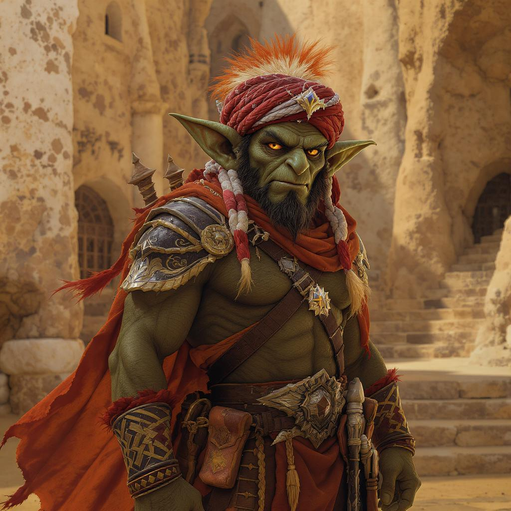 d&d5e rurbaned male goblin scout captain in dreamlik...