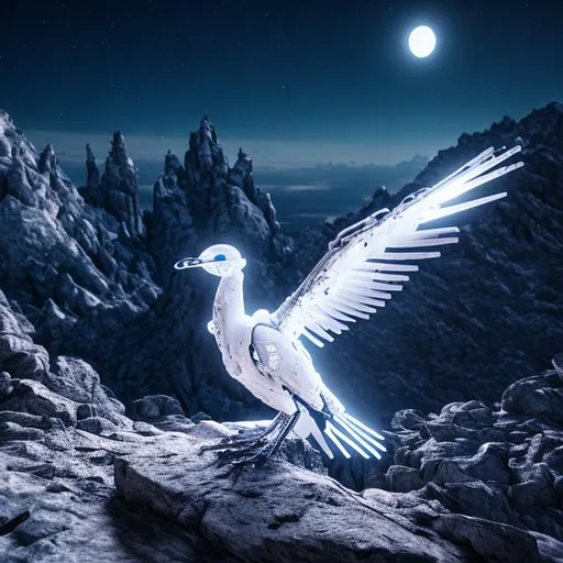 a white full robotic cyborg bird resting on a rock a...