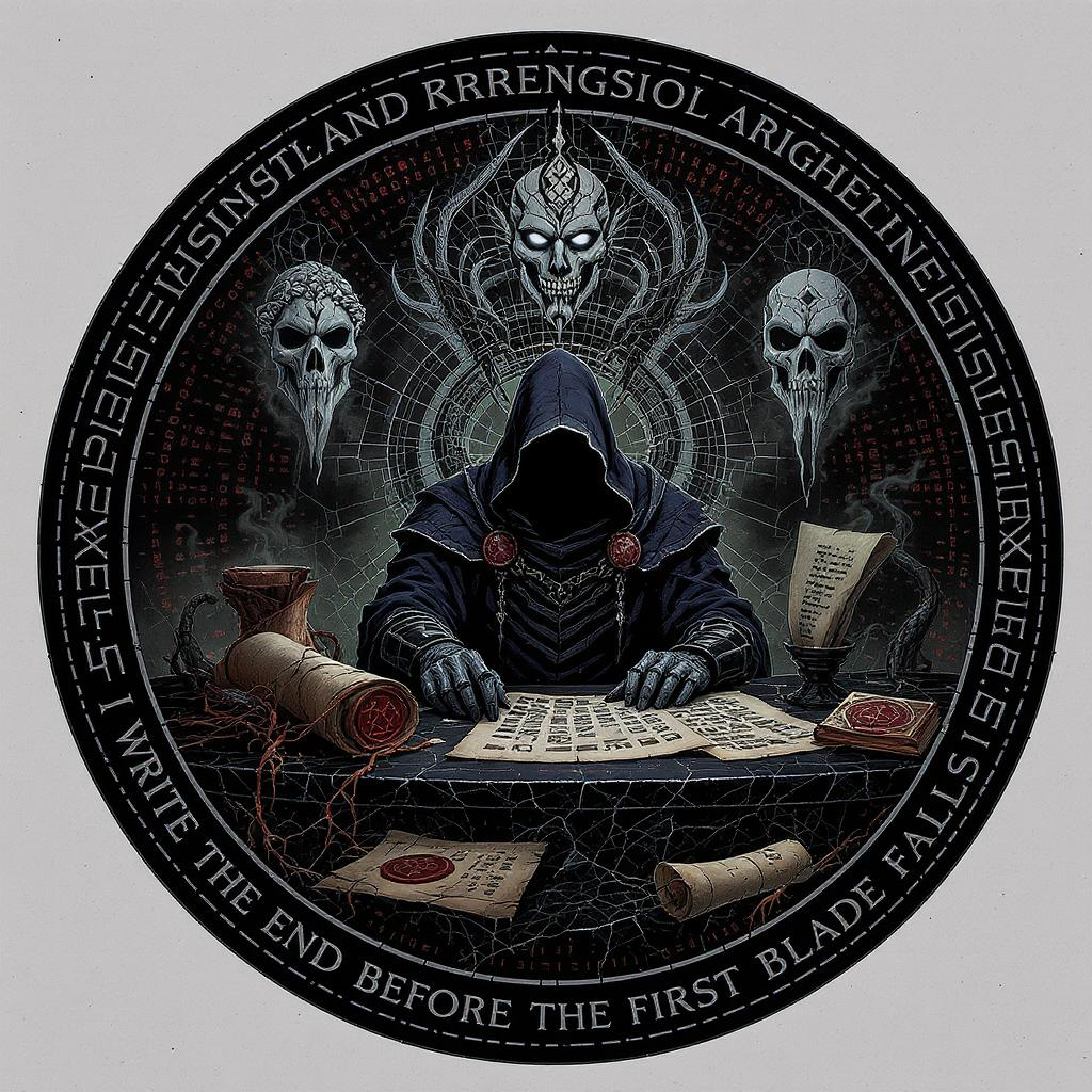 *"A dark circular command insignia showing a hooded...