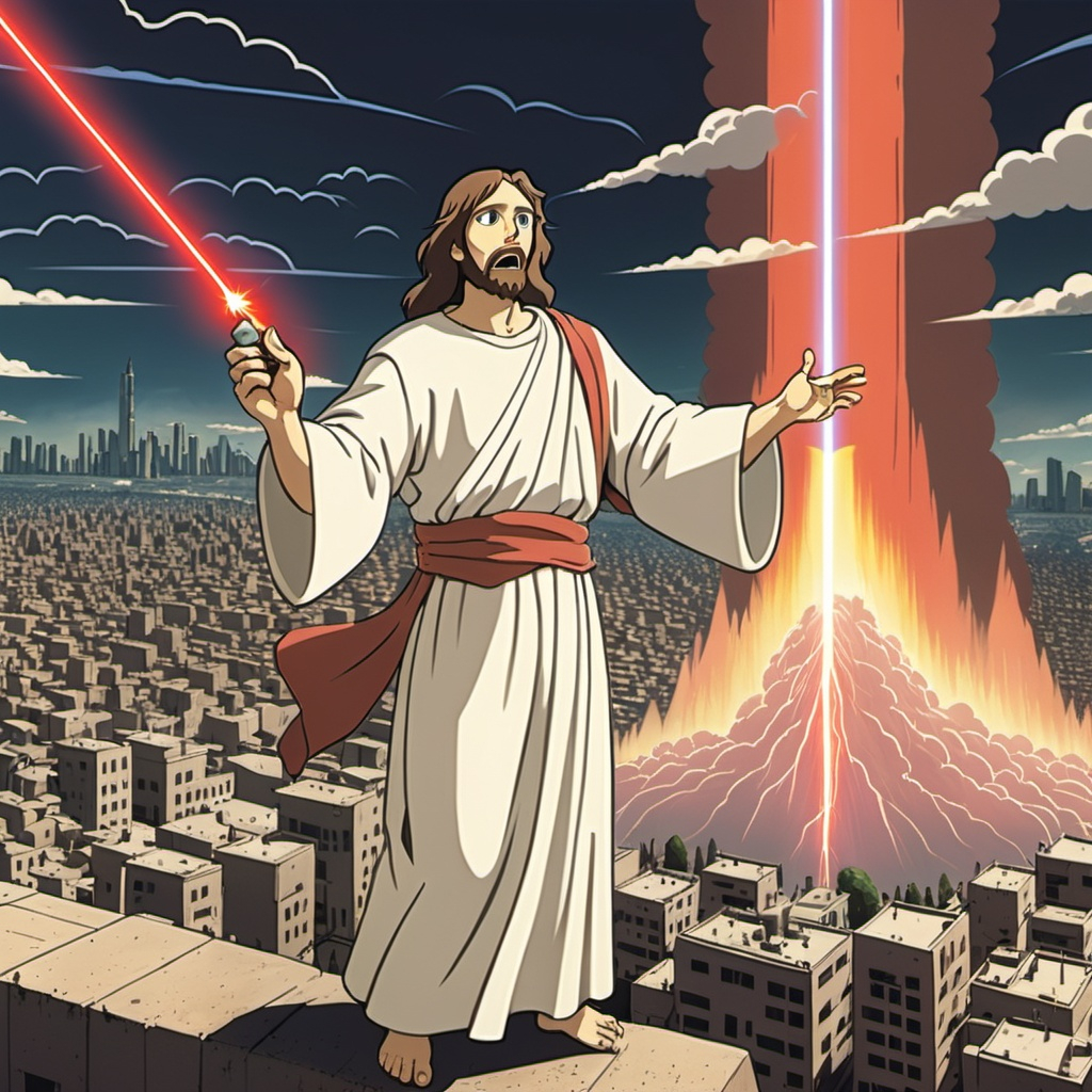 Ghibli 2D anime style. 900 ft tall Jesus destroying...
