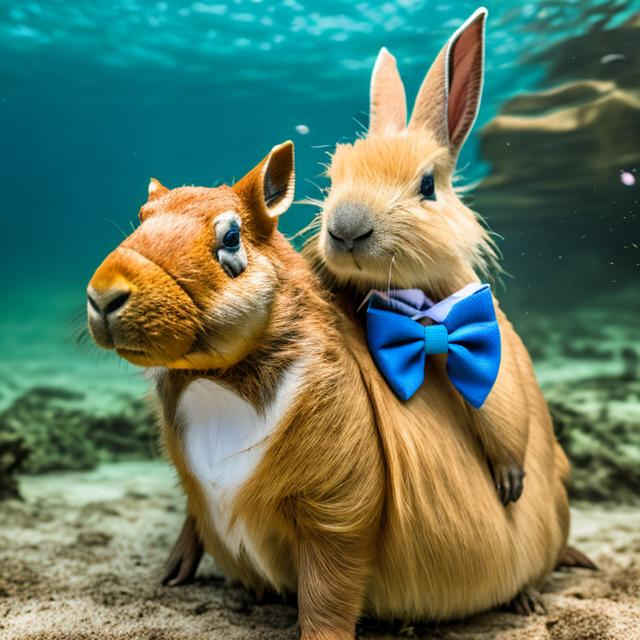 a bunny riding a capybara under water With a bowtie