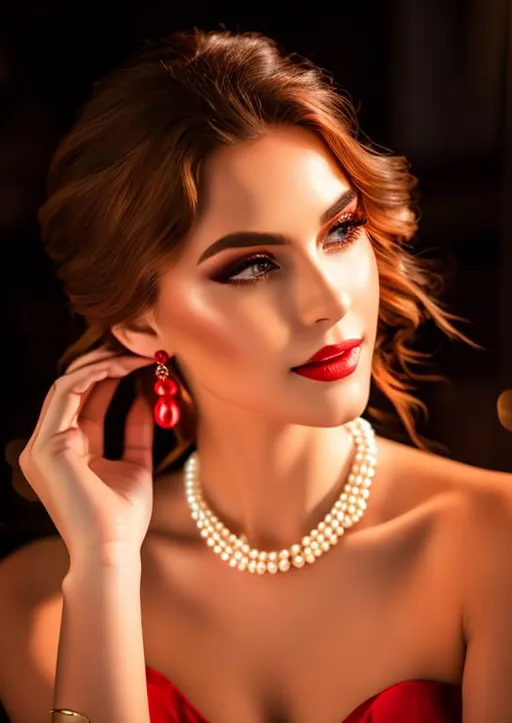 woman wearing a red dress and pearl necklace, photog...