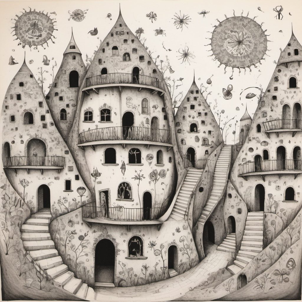 architectural-drawing in a Voynich favela tale style...