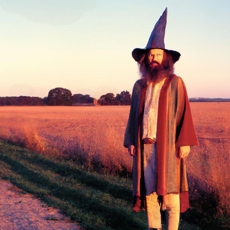 Wizard standing in front of a heath field