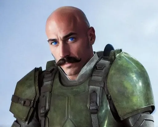 Extremely muscular trimmed mustache shaved bald Man...