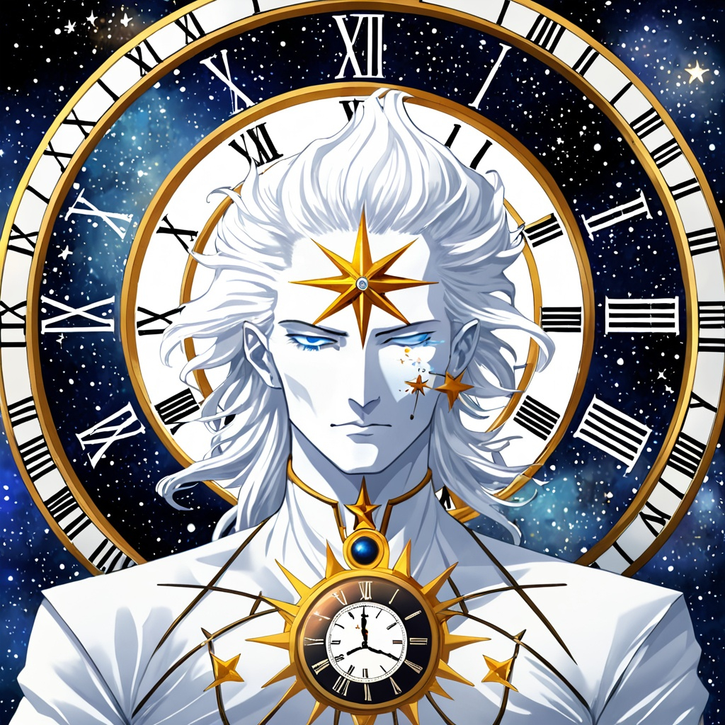 Cosmic god of star and time with white hair and whit...