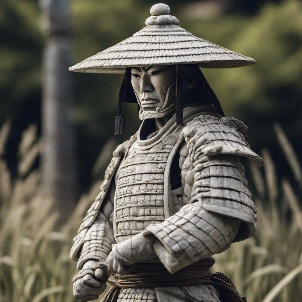 full body marble sculpture of Japanese samurai in tr...
