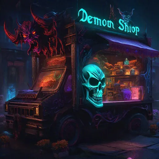 "TEXT; DEMON SHOP; a floating Shop truck made out of...