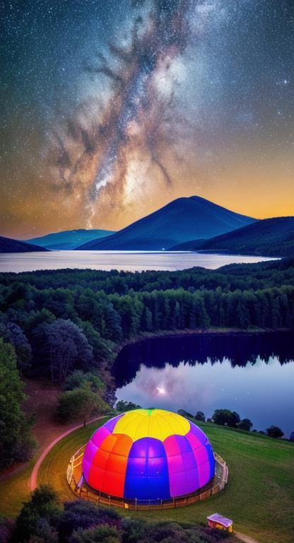 The milky way galaxy, lake, hot air balloon festival...