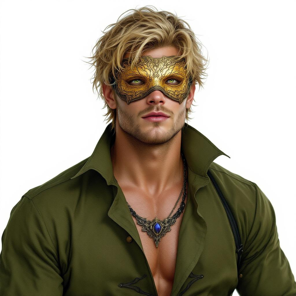 30 year old fae man, with tousled golden blond hair,...