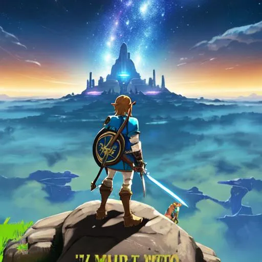 Zelda breath of the wild with link looking over Hyru...