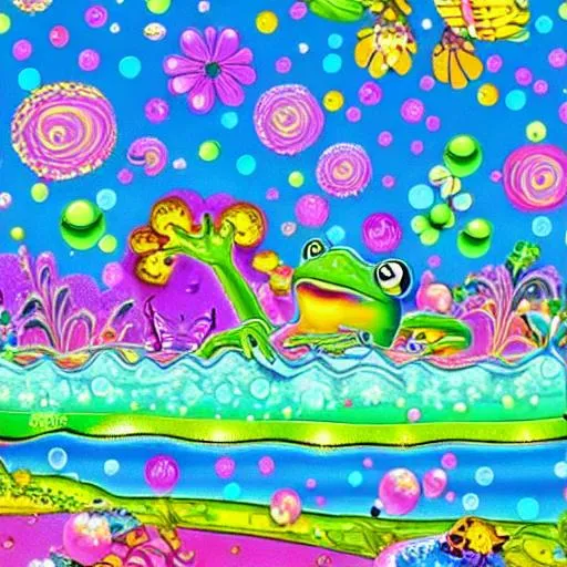 frog pond scene lisa frank style background detailed...