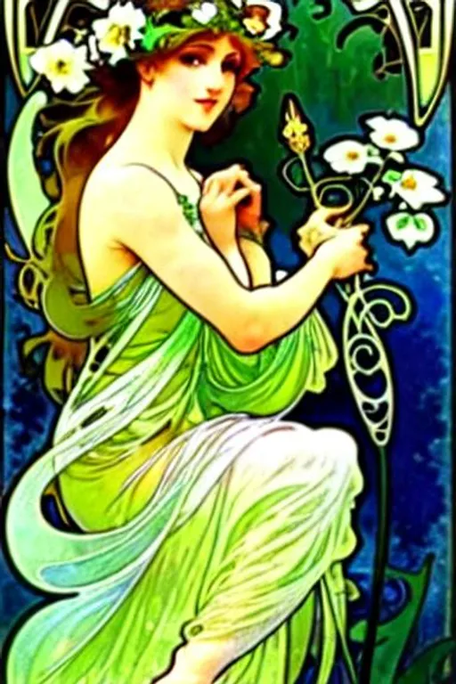 magic, (green), beautiful, alphonse mucha, Art Nouve... | OpenArt